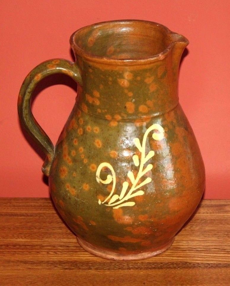 ANTIQUE MOTTLED REDWARE PITCHER, SLIP DECORATED 19TH CENTURY FOLK ...