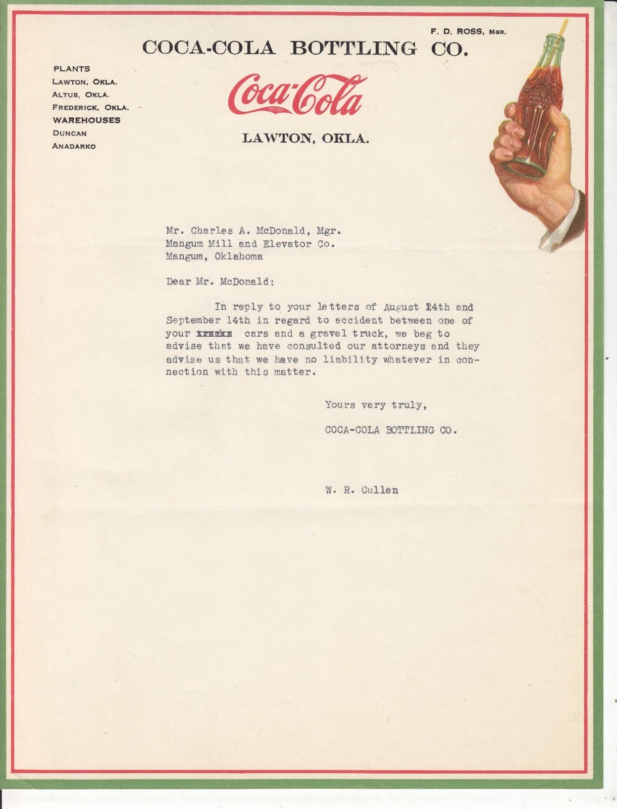 COCA COLA BOTTLING CO LETTERHEAD LAWTON OKLA HAND HOLDING BOTTLE COCA COLA BOTTLING CO LETTERHEAD LAWTON OKLA HAND HOLDING BOTTLE