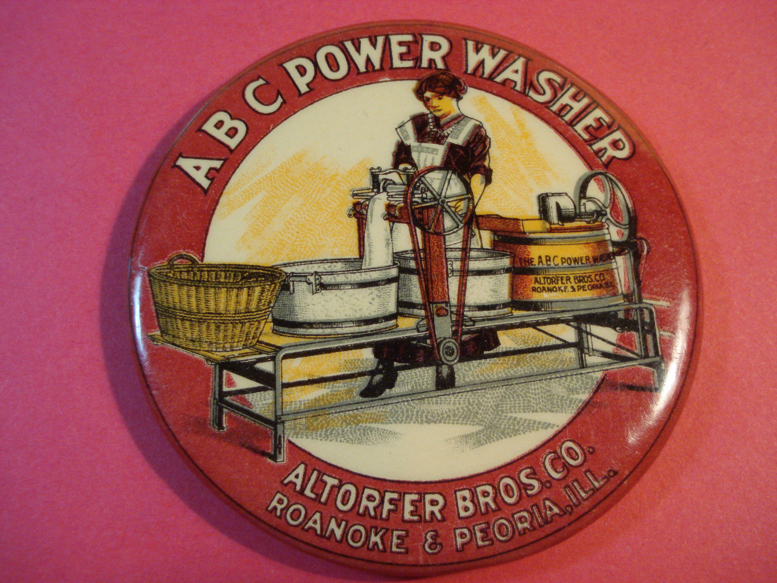 Celluloid Advertising Pocket Mirror A B C Power Washer Altorfer Bros Co Roanoke Antique