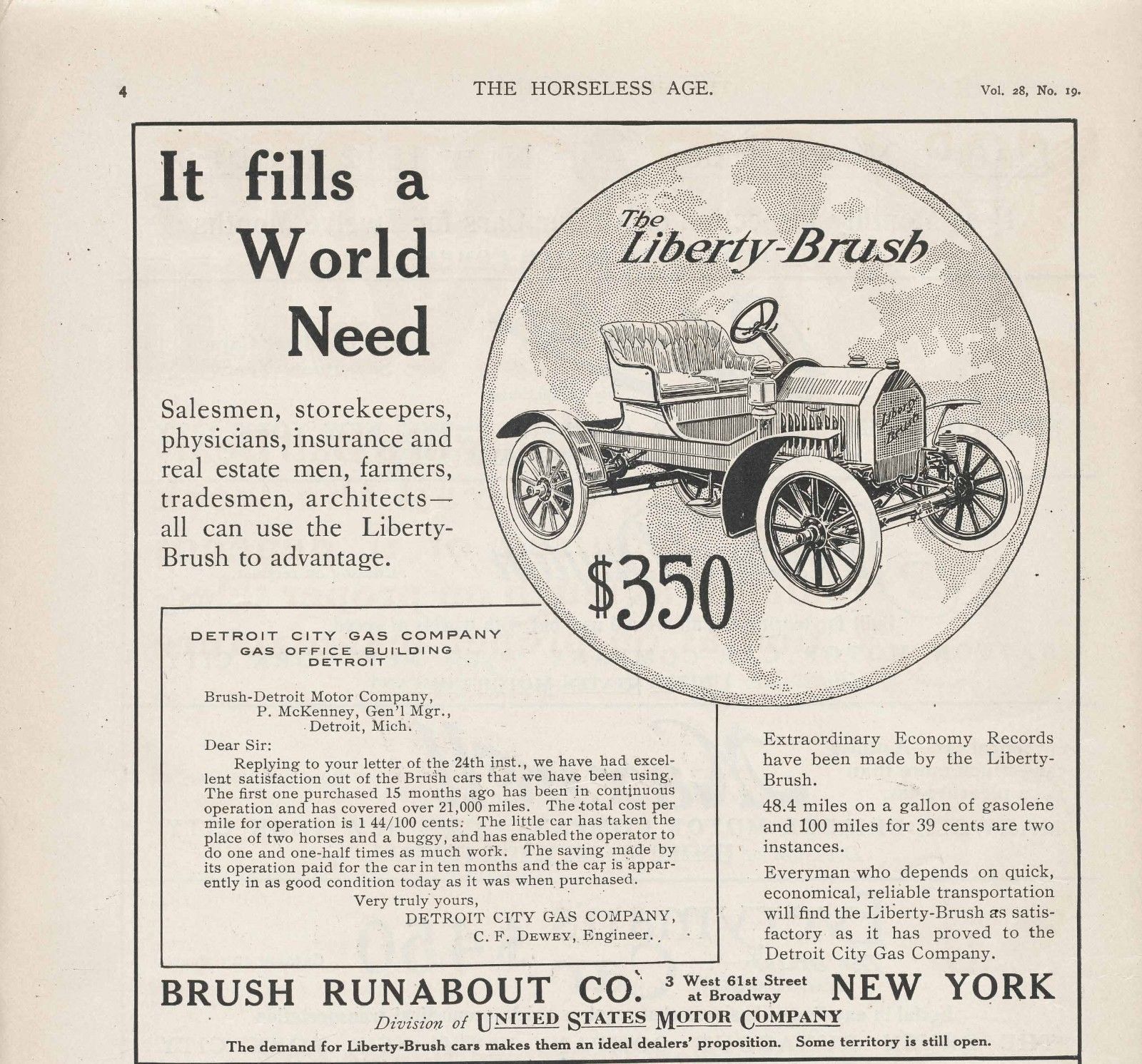 1912 LIBERTY BRUSH RUNABOUT MOTOR CAR ADVERTISEMENT - NEW YORK ...