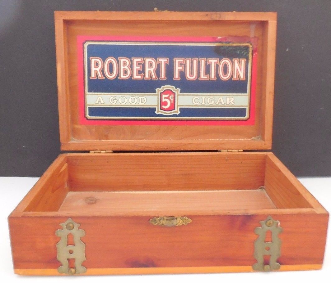 Robert Fulton 5 Cent Cigars Wood Box Brass Trimmed Point of Purchase ...