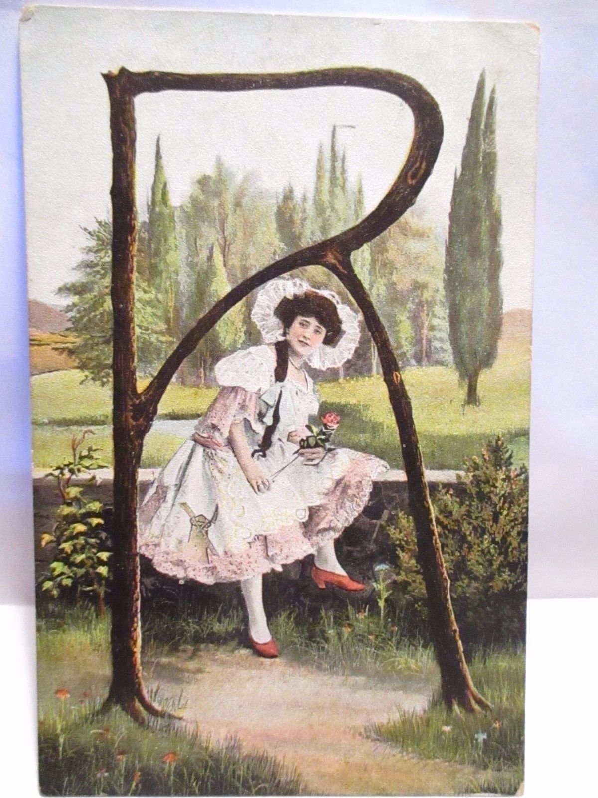 1908 POSTCARD LARGE LETTER " R " W/ CUTE VICTORIAN GIRL W/ ROSE ...