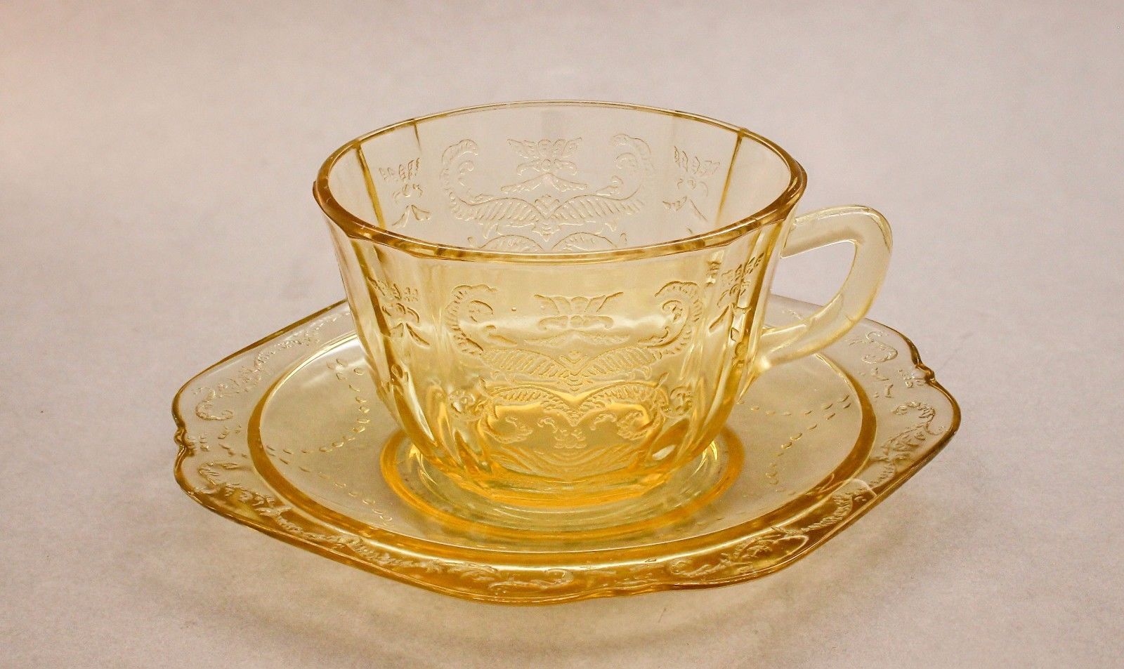 Vintage 1930s Federal Glass Company Madrid Yellow Depression Glass Teacup Saucer Antique