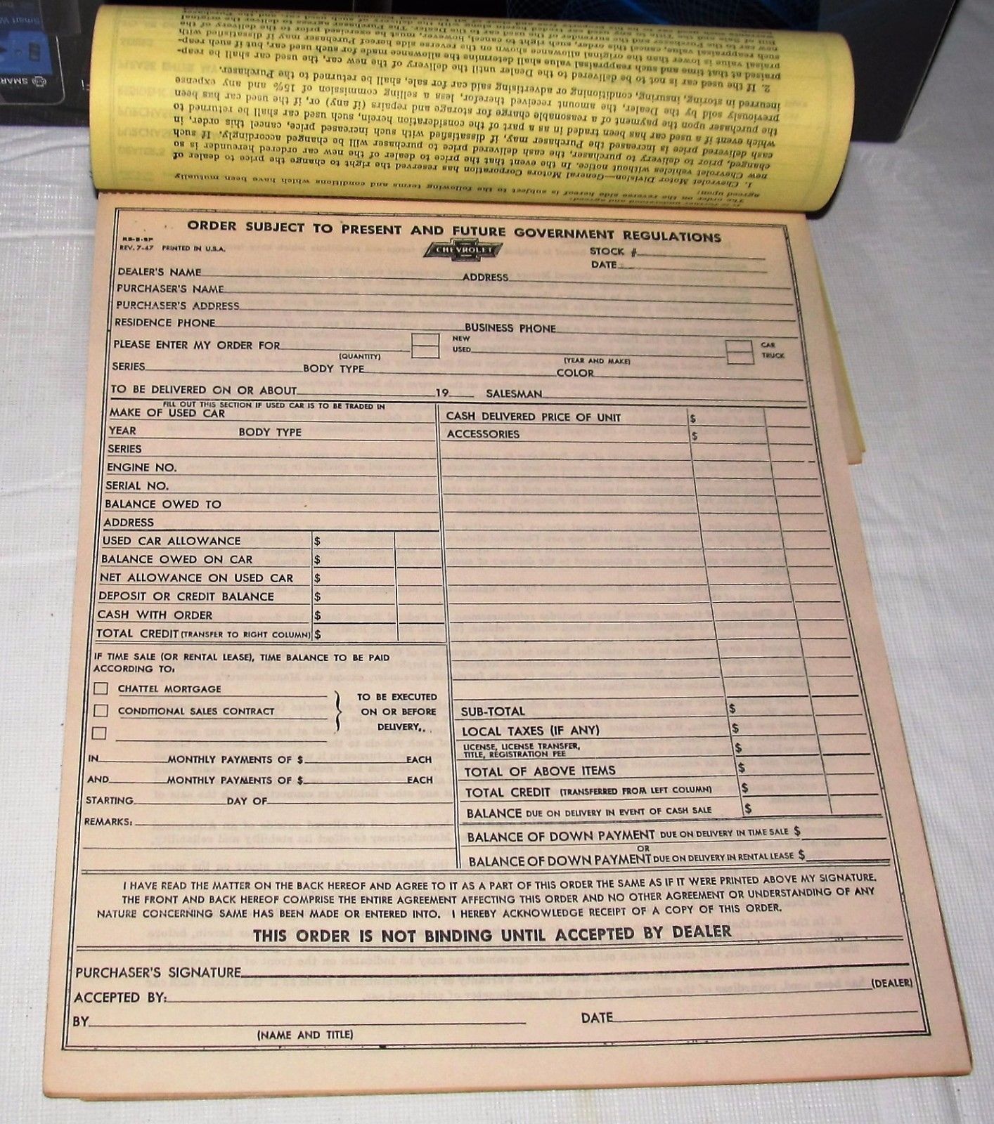 1961 Lot of Five Chevrolet Order Blank Forms Pad...NO RESERVE ...