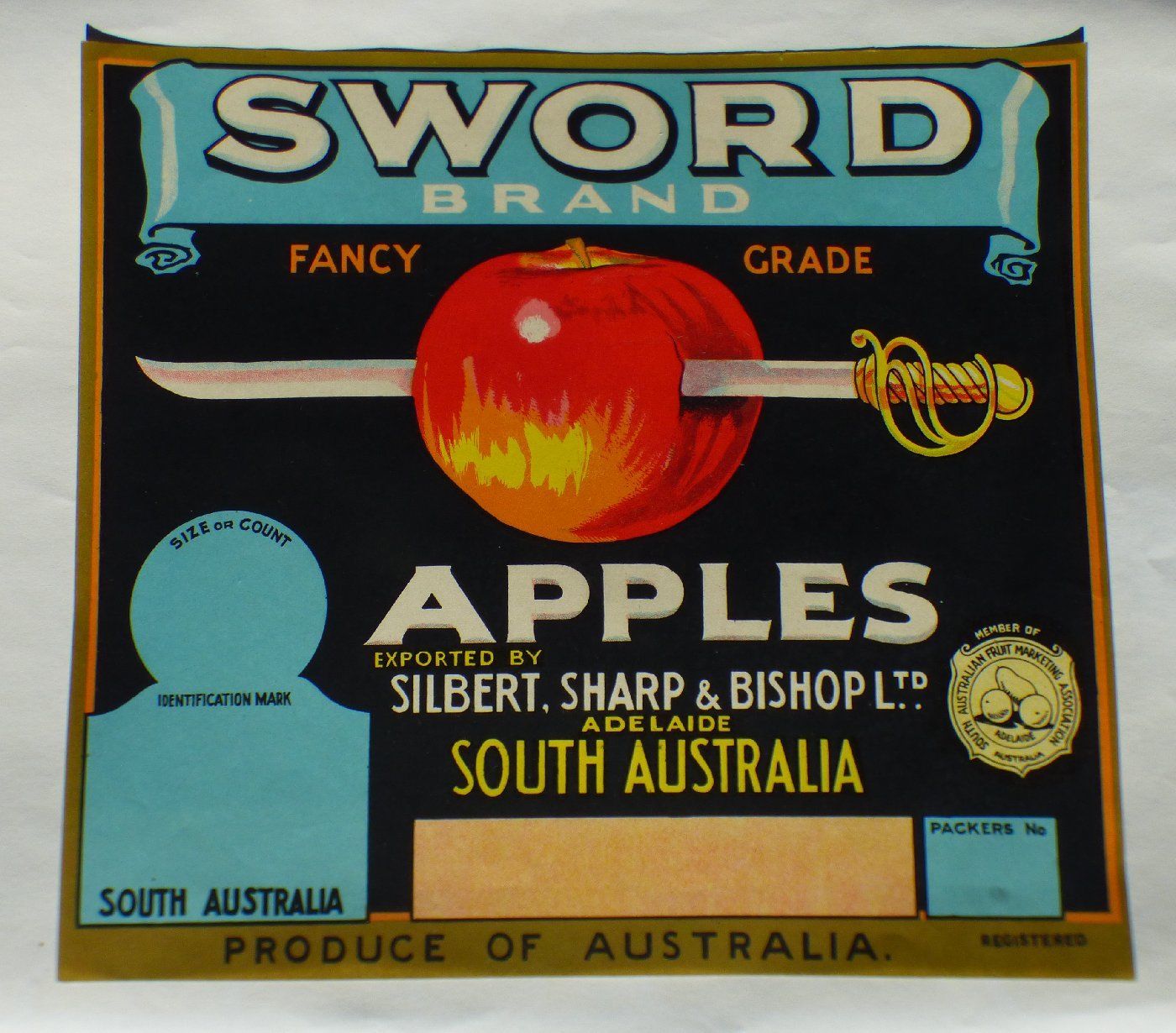 SWORD BRAND original apple crate label South Australia Silbert Sharp ...