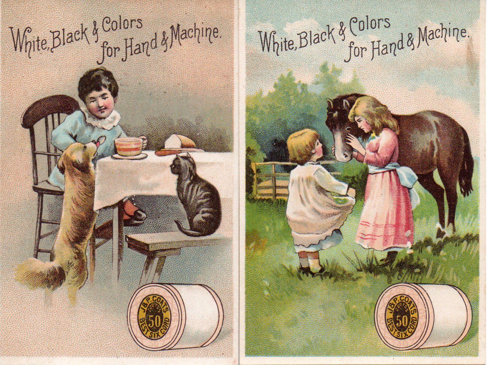 g525 (2) Victorian Trade Cards J&P Coats Thread Girls w/ Cats Dogs ...