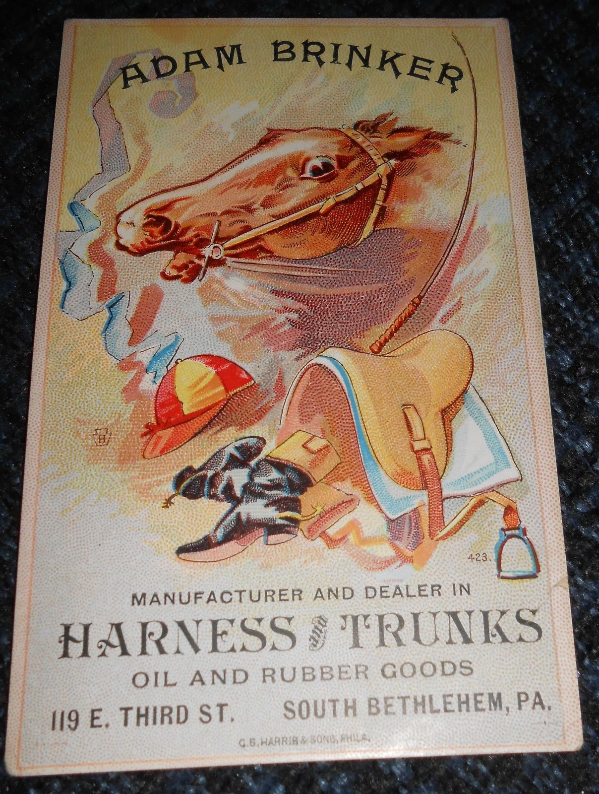 HARNESS & TRUNKS VINTAGE ADVERTISING CARD-ADAM BRINKER-BETHLEHEM, PA ...
