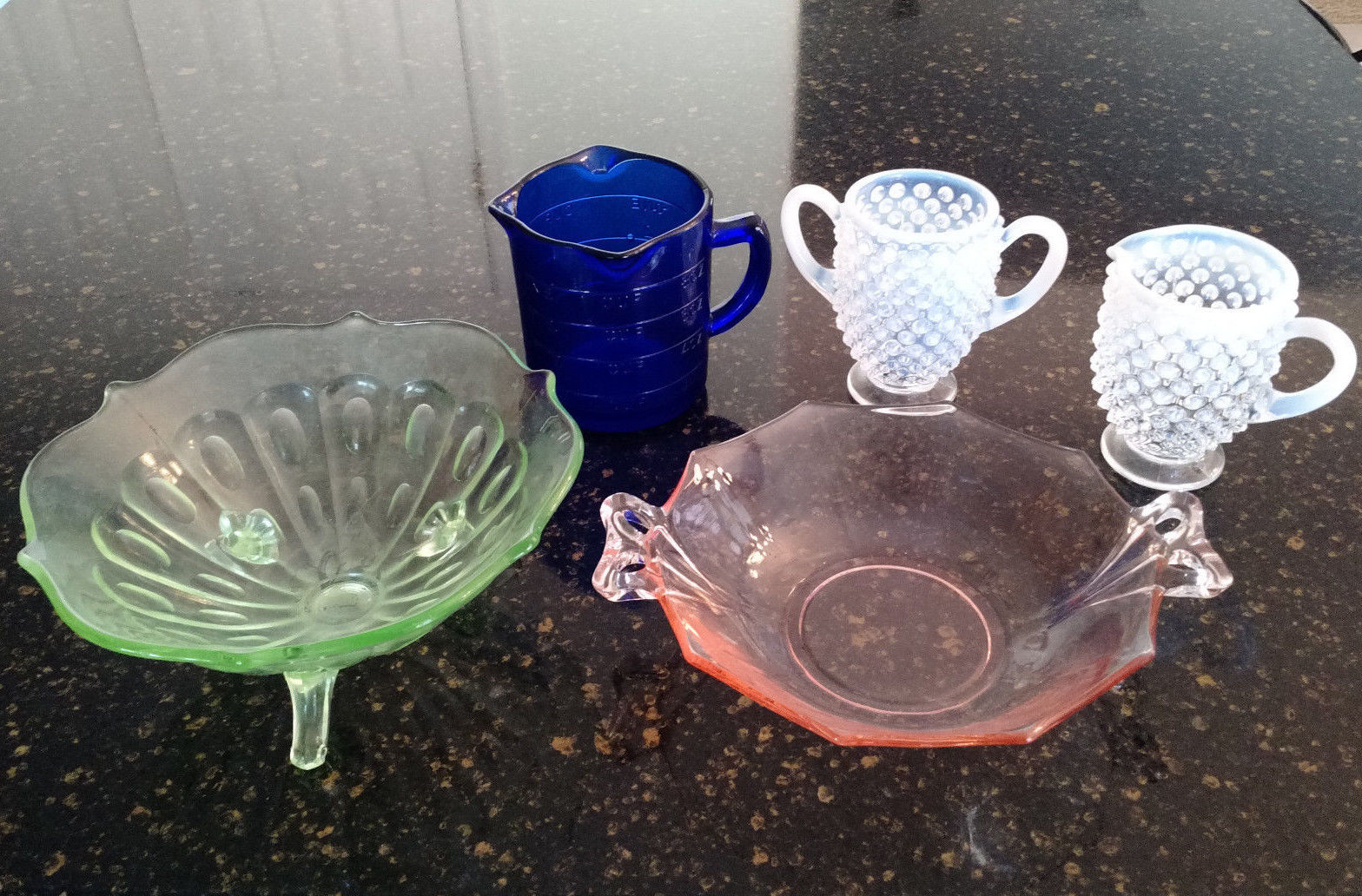 5 VINTAGE GREEN/PINK/COBALT DEPRESSION GLASS/FENTON OPALESCENT HOBNAIL ... 5 VINTAGE GREEN/PINK/COBALT DEPRESSION GLASS/FENTON OPALESCENT HOBNAIL ...