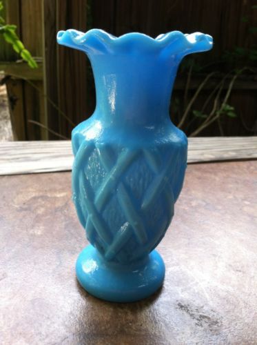 Vintage PV Portieux Vallerysthal France Blue Milk Glass Flower Vase Lattice -- Antique Price ...