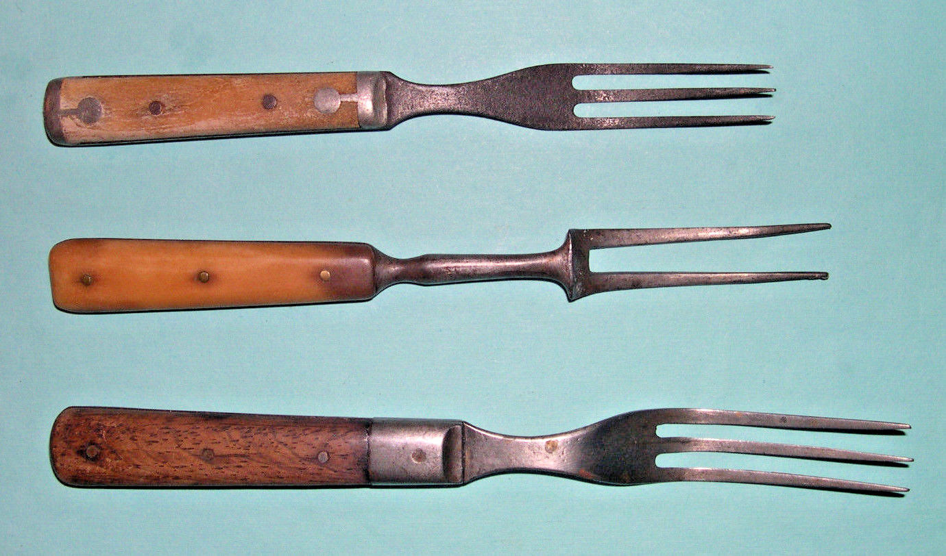 3 early primitive fork table kitchen utensils w/ wood handles one 2 ...