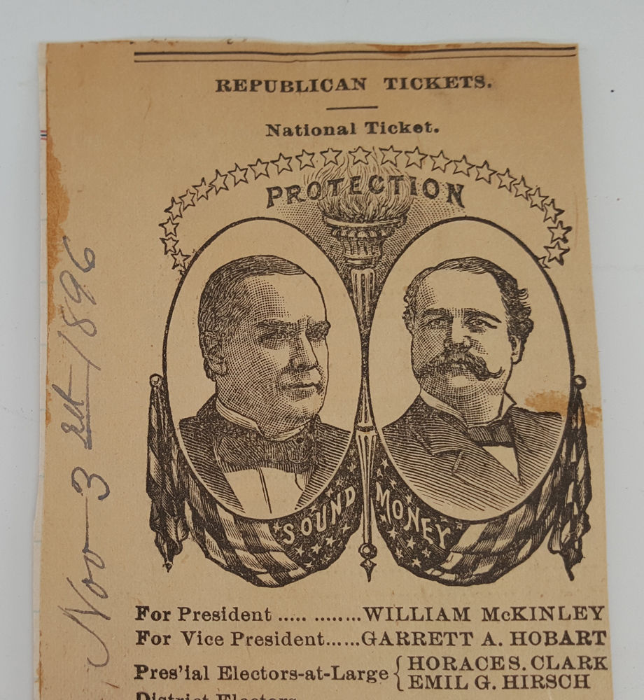 William McKinley Garrett Hobart 1896 Original Election Ballot Ticket ...