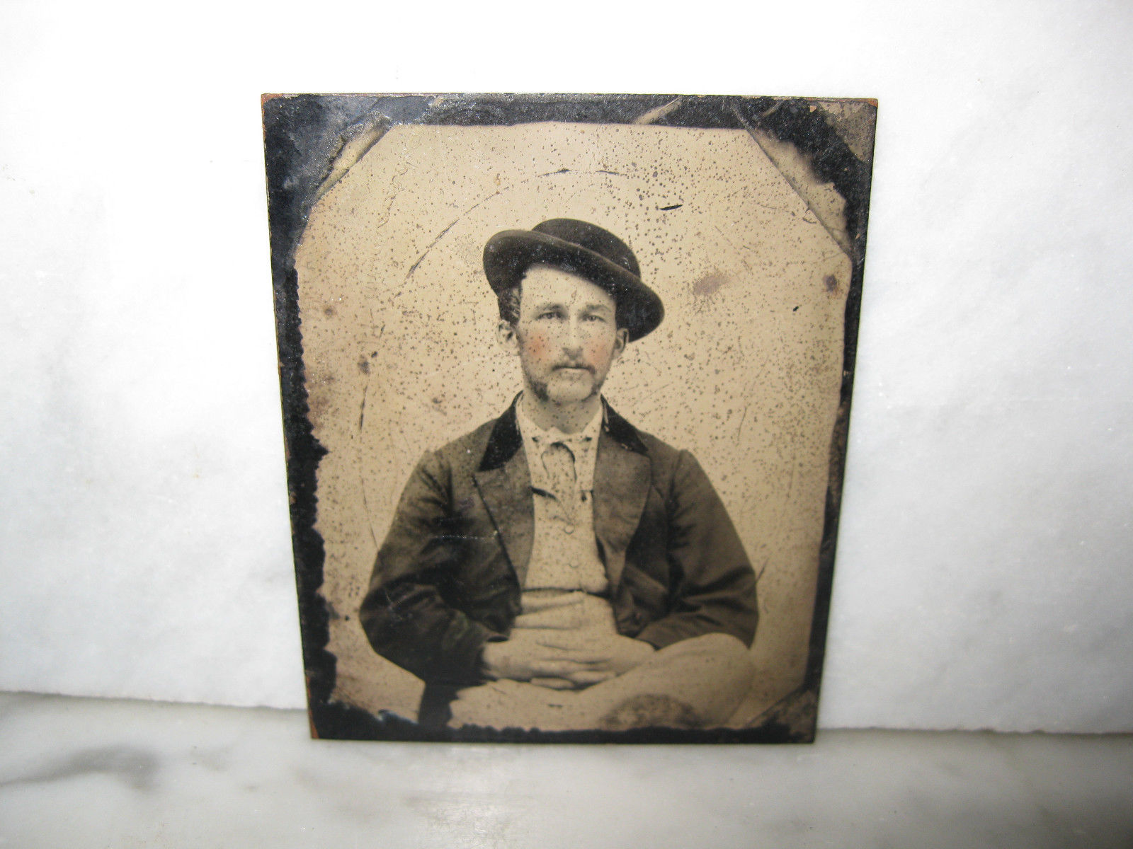Antique Civil War Era Tintype Daguerreotype Photo Man W Hat Tinted
