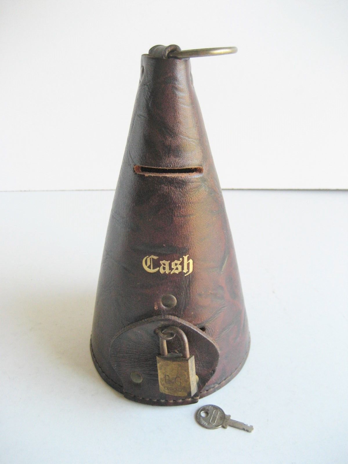Vintage Leather Pyramid Shaped Money Bank Box Marked Cash + Padlock ...