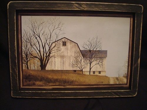 Primitive Country Print *White Barn with Attachment* in black frame 12 ...