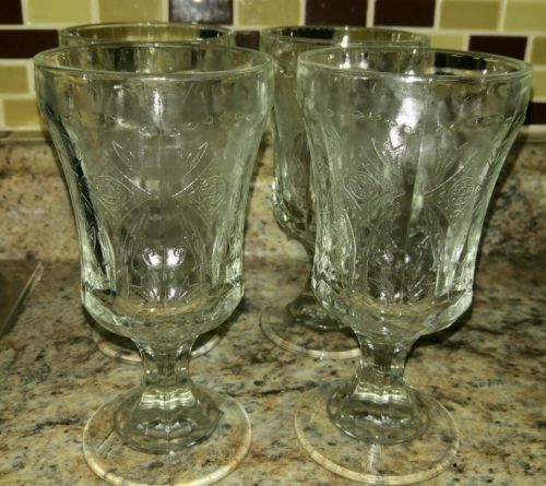 Vtg 4 Indiana Glass Recollection Madrid Footed Clear Water Goblets