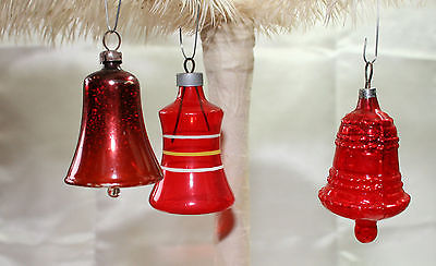 3 Figural BELL Glass Ornaments~Red~Clapper~Unsilvered~Mold~Feather Tree ...