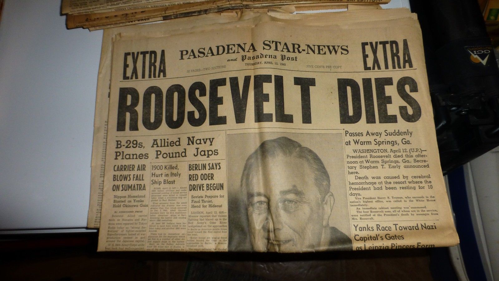 Historic Headline Newspaper FDR Death, April 12,1945 Pasadena Star-News ...