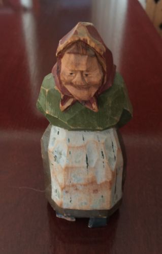 Vintage Wooden Folk Art Hand Carved Old Woman Figurine -- Antique Price ...
