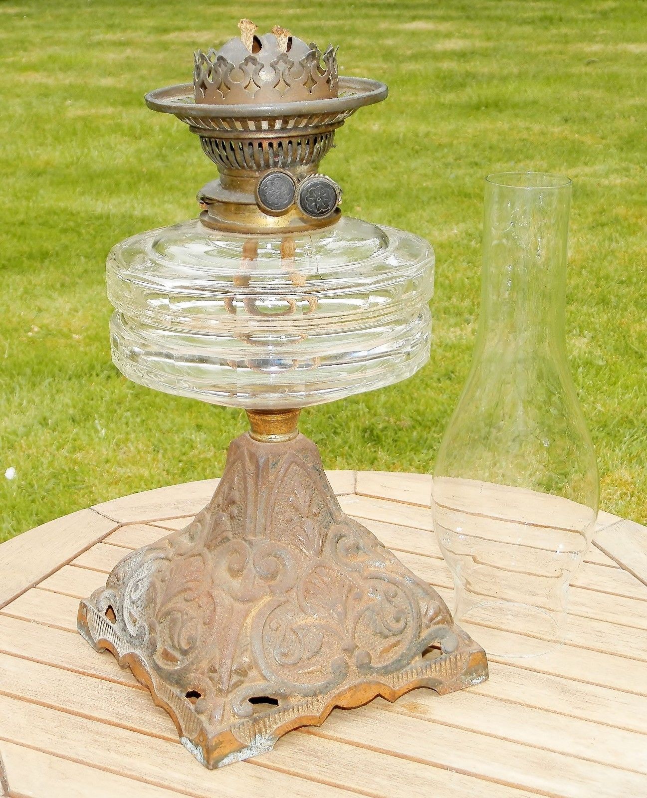 Victorian Messengers Faceted Glass Oil Lamp with Cast Iron Base ...