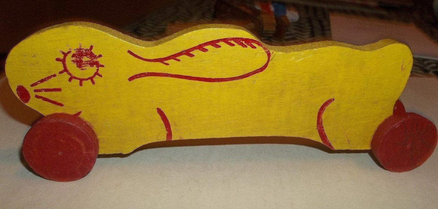 WONDERFUL Vtg Primitive Wooden Folk Art Bunny Rabbit Toy on Wheels ...