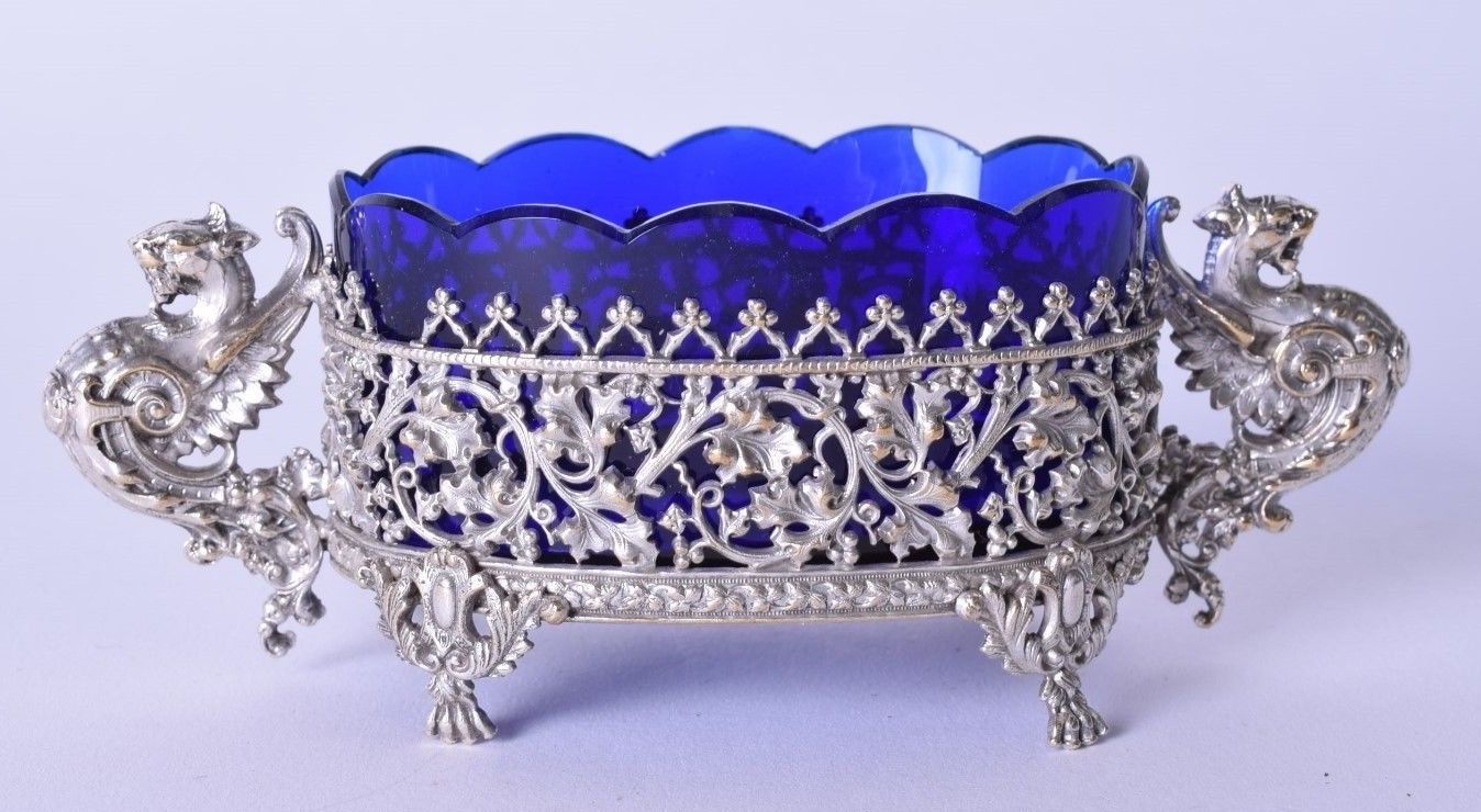 Twin Handled Silver Plate Blue Glass Lined Salt Sugar Bowl Bon Bon Dish Antique Price