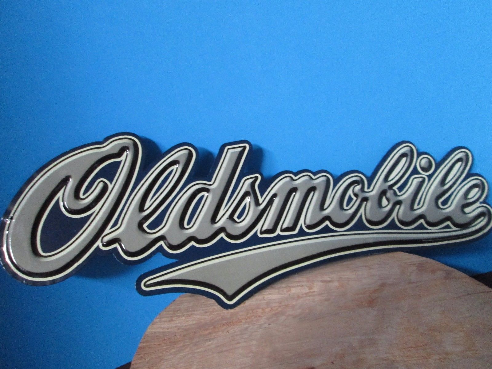 ~Metal Oldsmobile Script Sign New Cool Design Blue~Grey~White 6" x 20 ...