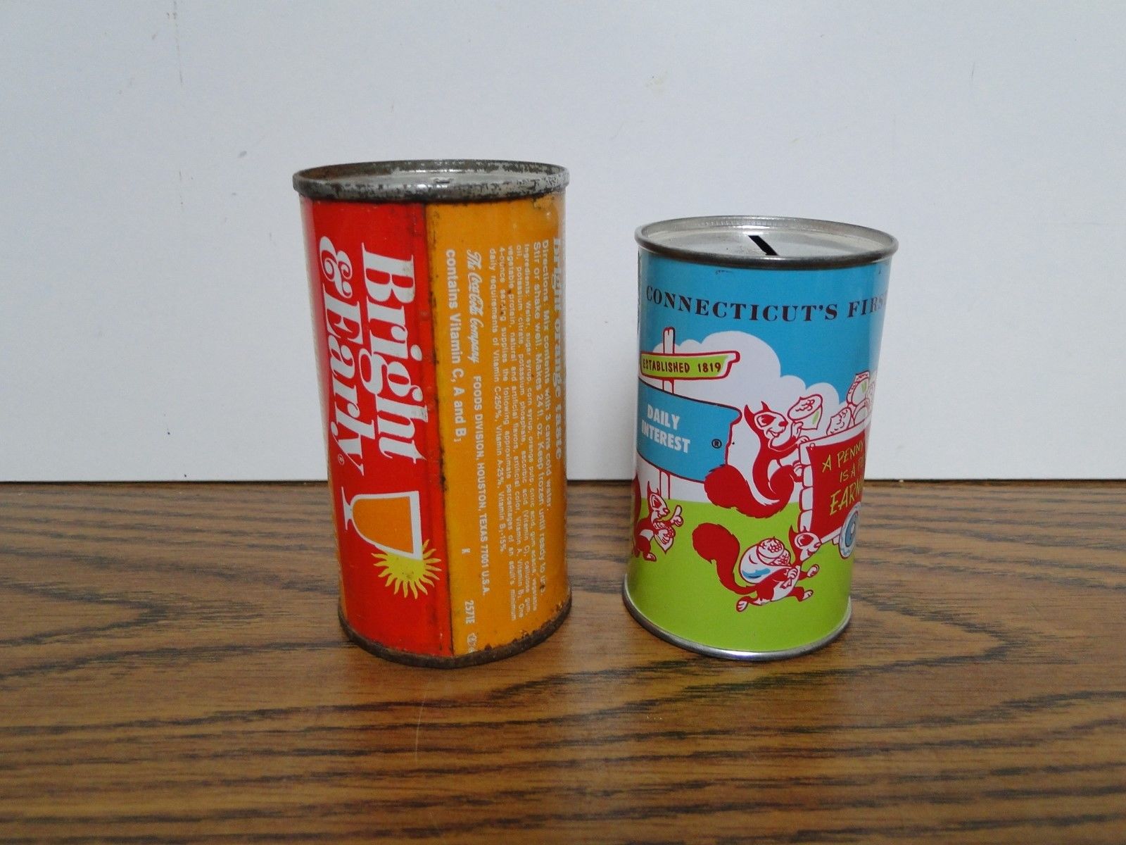 Two Souvenir Tin Can Coin Banks, Bright & Early Juice, & CT First ...