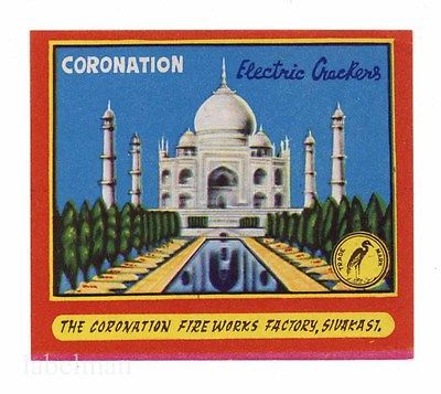 CORONATION CRACKERS Brand, Vintage Firecracker Label, India, Taj Mahal ...