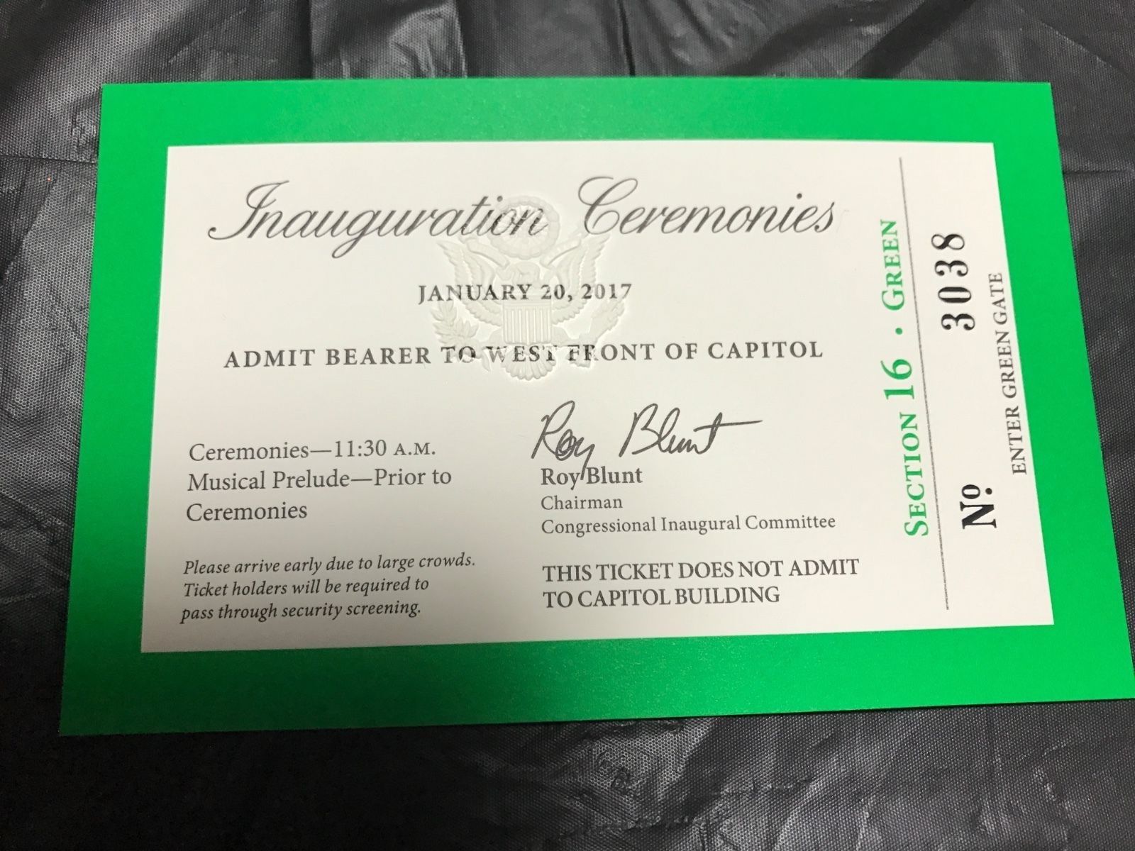 Donald Trump 1/20/17 Presidential Inauguration RARE GREEN Section 16 ...