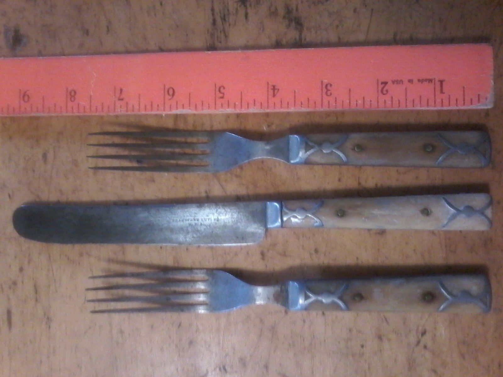 3Piece Bone Handle Civil War Era Knife and Fork Set Knives by Brantfofd cutlery. -- Antique ...