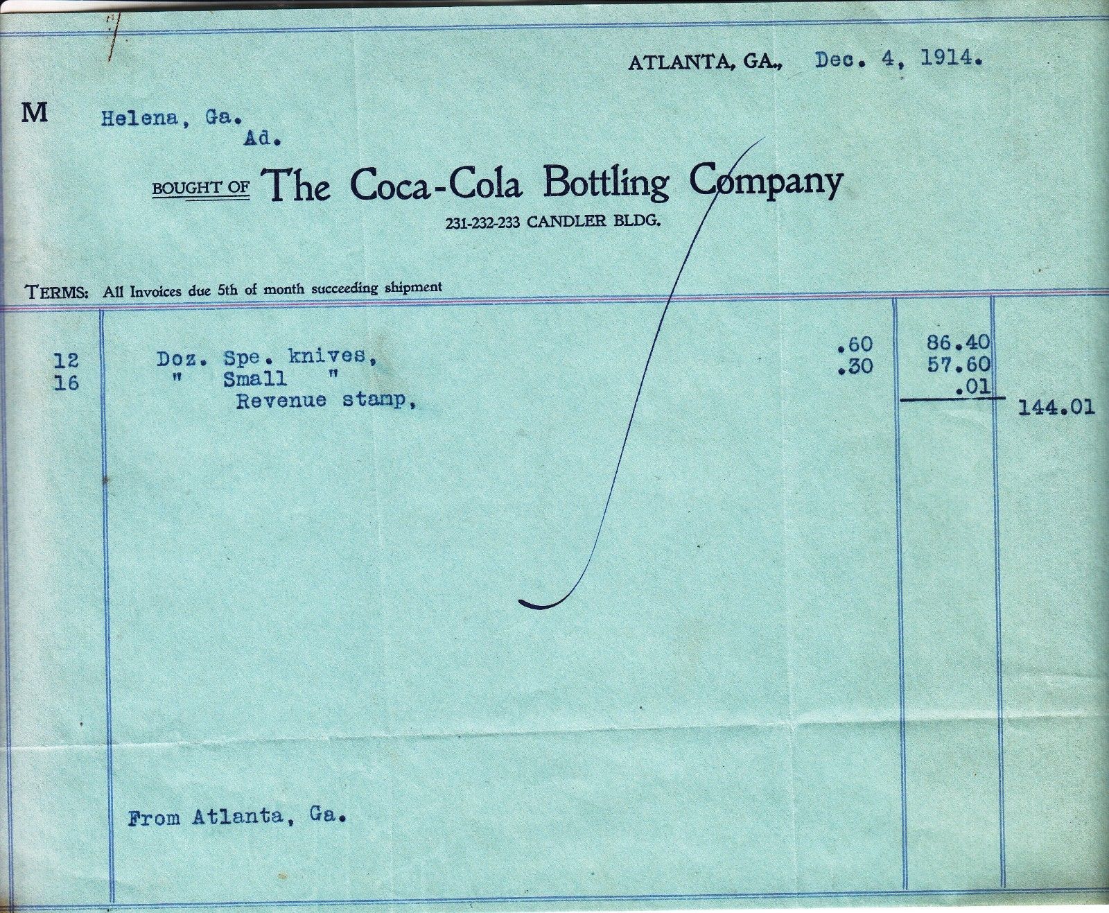 THE COCA-COLA BOTTLING CO. INVOICE ATLANTA GA. DATED DEC. 4, 1914 TO ...