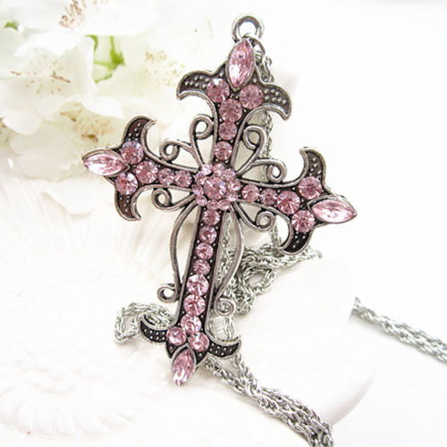 Vintage Antique Silver Metal Full Pink Crystal Cross Pendant Chain ...