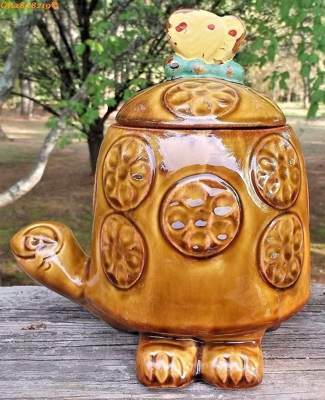 Vintage McCoy Pottery Timmy Tortoise TURTLE COOKIE JAR Butterfly Finial ...