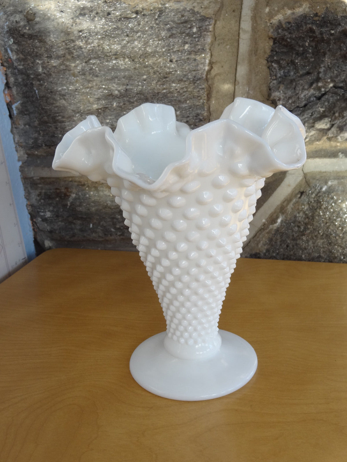 VTG Fenton White Milk Glass Crimped Double Ruffle Hobnail Vase ...