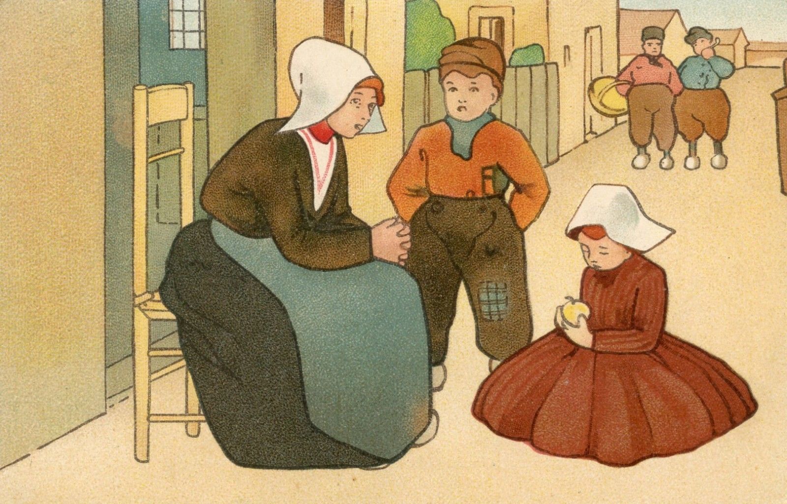 Dutch Children, vintage 1910''s postcard, Mother giving the kids some ...