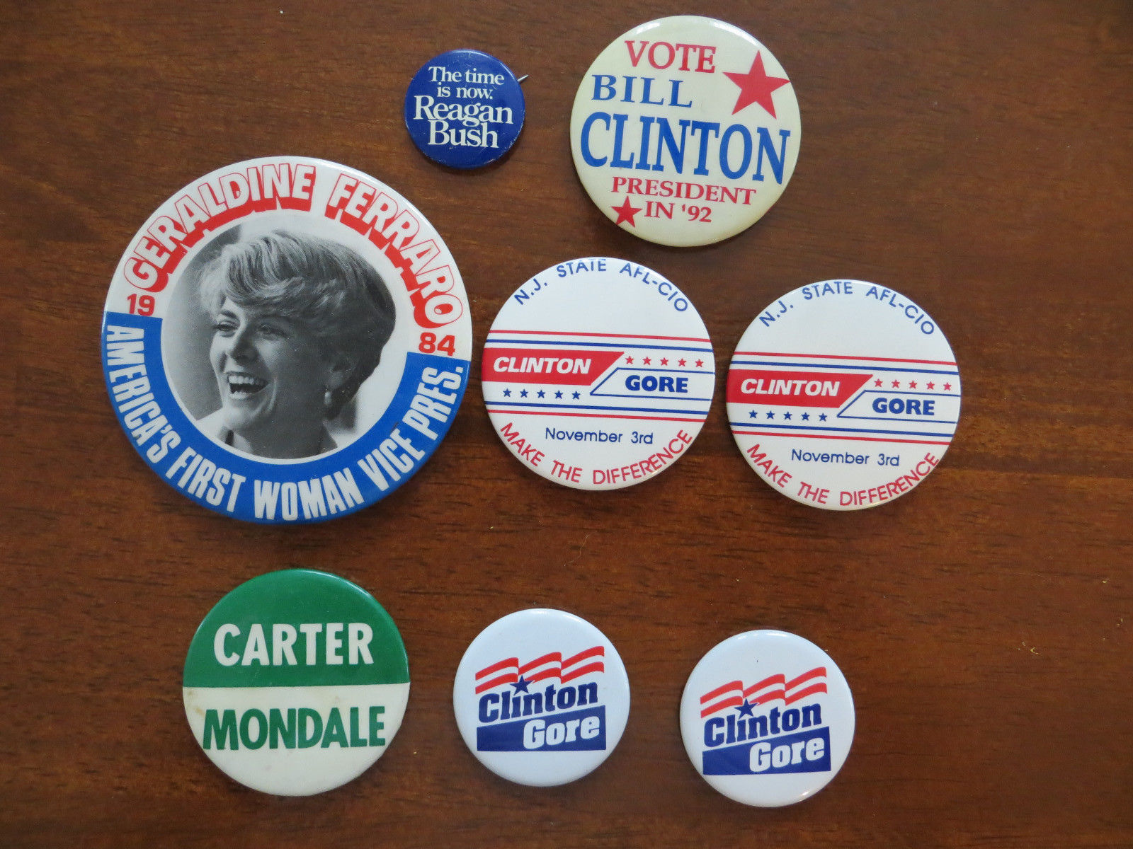 8 Presidential Campaign Buttons Carter/Mondale Ferraro Clinton/Gore ...