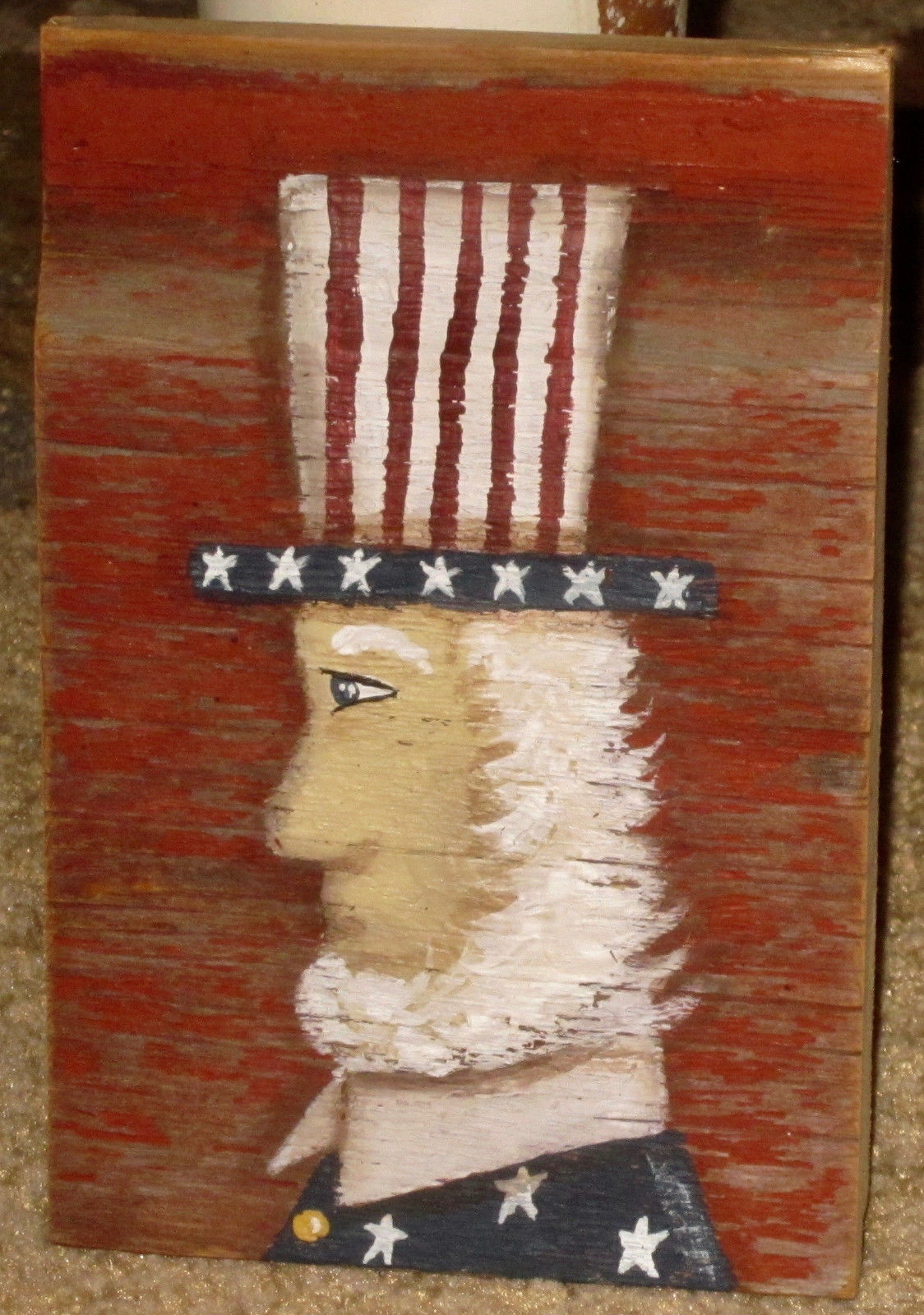 *~*PRIMITIVE*~*HP FOLK ART PRIM UNCLE SAM *~* RECLAIMED RED BARN WOOD ...