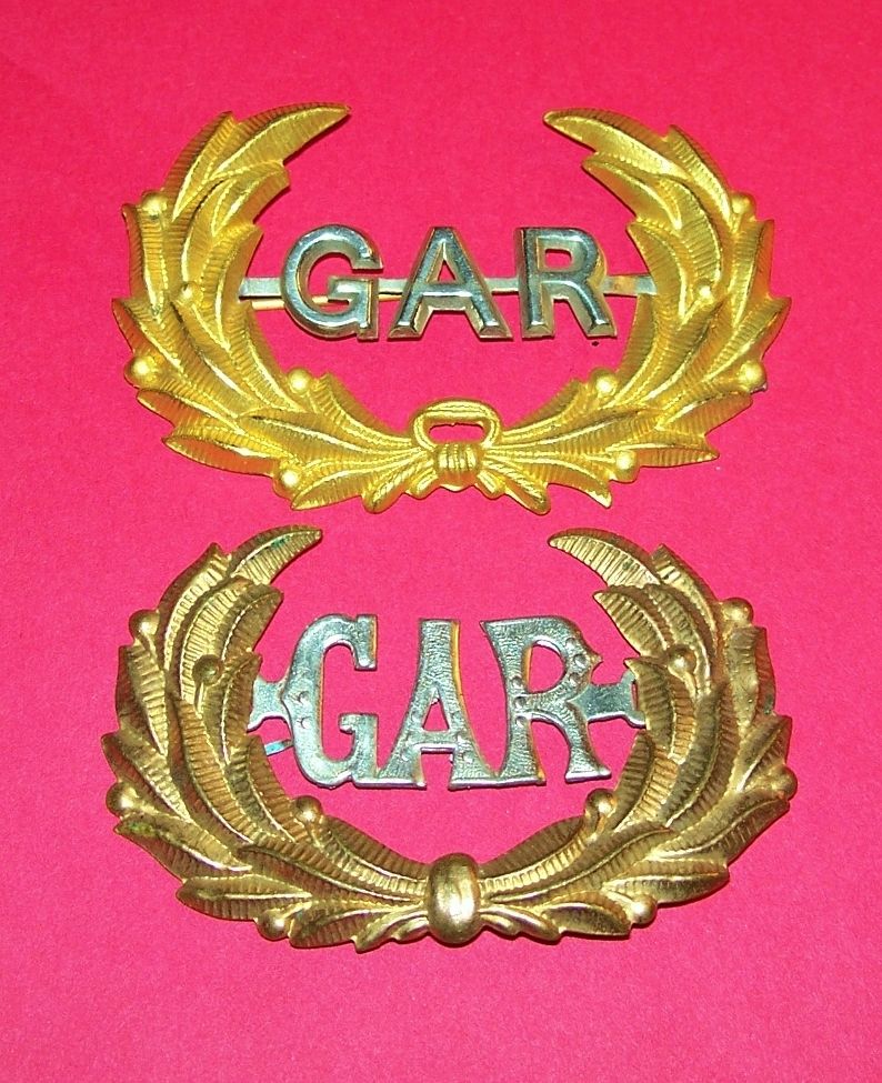 2 ORIGINAL ANTIQUE G A R HAT BADGES SLIGHTLY DIFFERENT LETTER STYLES 2 ORIGINAL ANTIQUE G A R HAT BADGES SLIGHTLY DIFFERENT LETTER STYLES