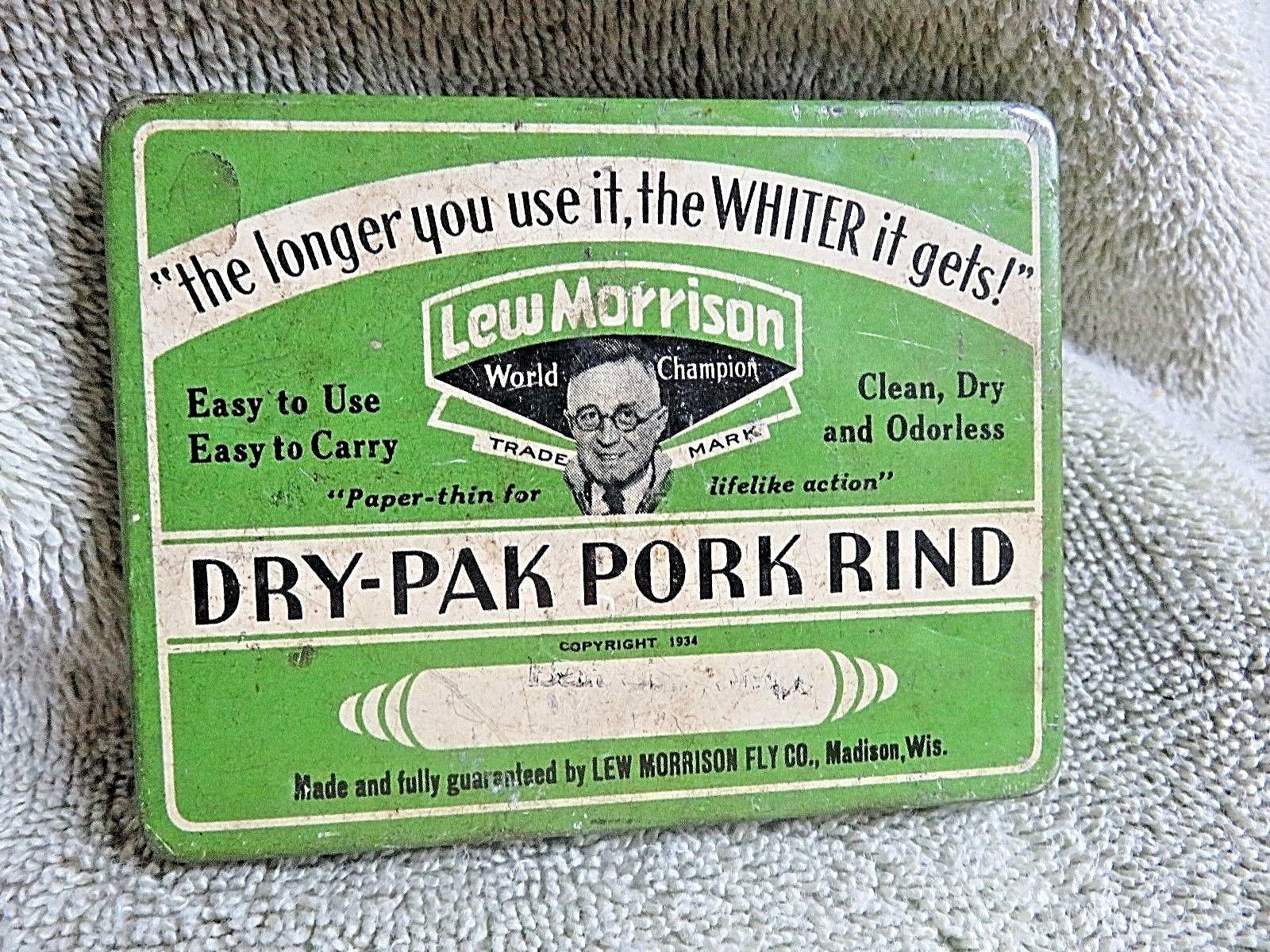 VINTAGE LEW MORRISON DRY-PAK PORK RIND FISHING BAIT TIN -- Antique ...