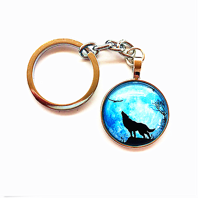 Vintage wolf Keychain Cabochon Tibetan silver Glass Metal Key Ring L ...