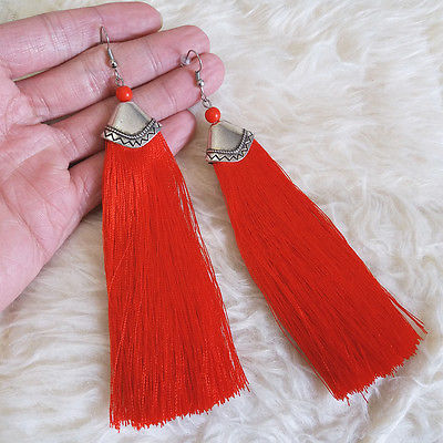 Vintage Womens Bohemian Antique 11 cm Long RED Tassles Drop Dangle Hook ...