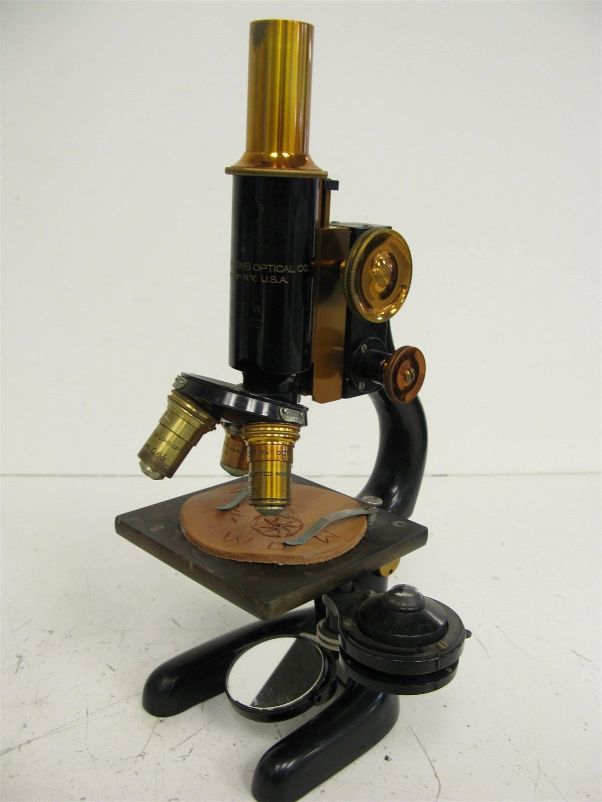 Antique Bausch And Lomb Optical Microscope 4mm 1 9mm 16mm Lens Brass