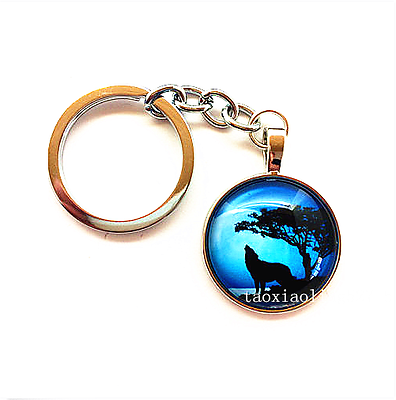 Vintage wolf Keychain Cabochon Tibetan silver Glass Metal Key Ring blue ...