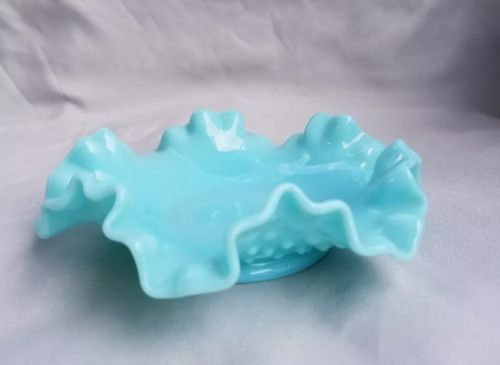 Aqua Blue Milk Glass Hobnail Ruffled Bowl Bon Bon Dish Antique Price Guide Details Page