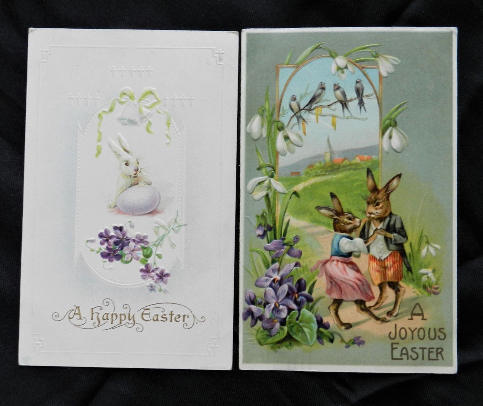 TWO ANTIQUE EASTER POSTCARDS 1908-1916 FANCY DRESSED BUNNY EGG FLOWERS ...