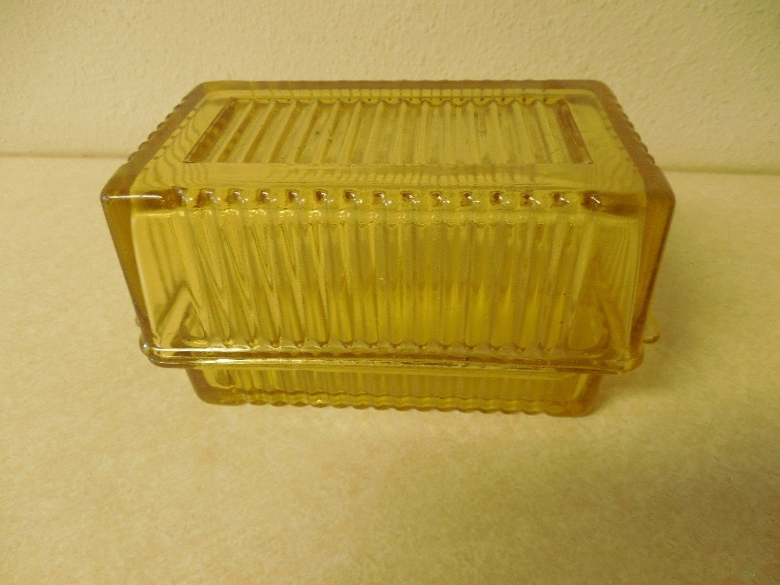 Vintage Yellow Depression Glass 1 Pound Ribbed Covered Butter Dish