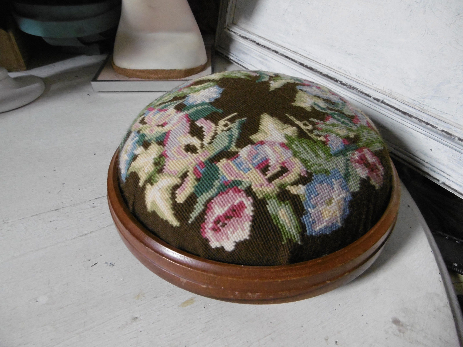 Vintage needlepoint tapestry stool wooden stool footstool -- Antique ...