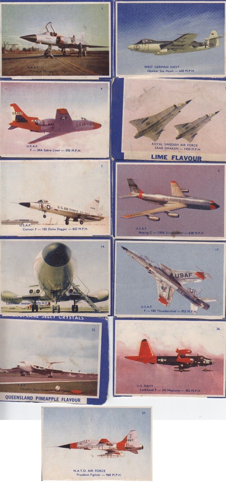 11 x 1964 Aeroplane Jelly cut out trading cards air force military ...