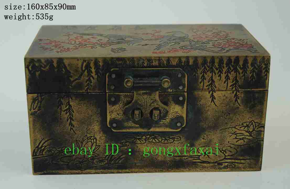 old Chinese pure purple copper auspicious bird lucky Jewelry Box boxes ...