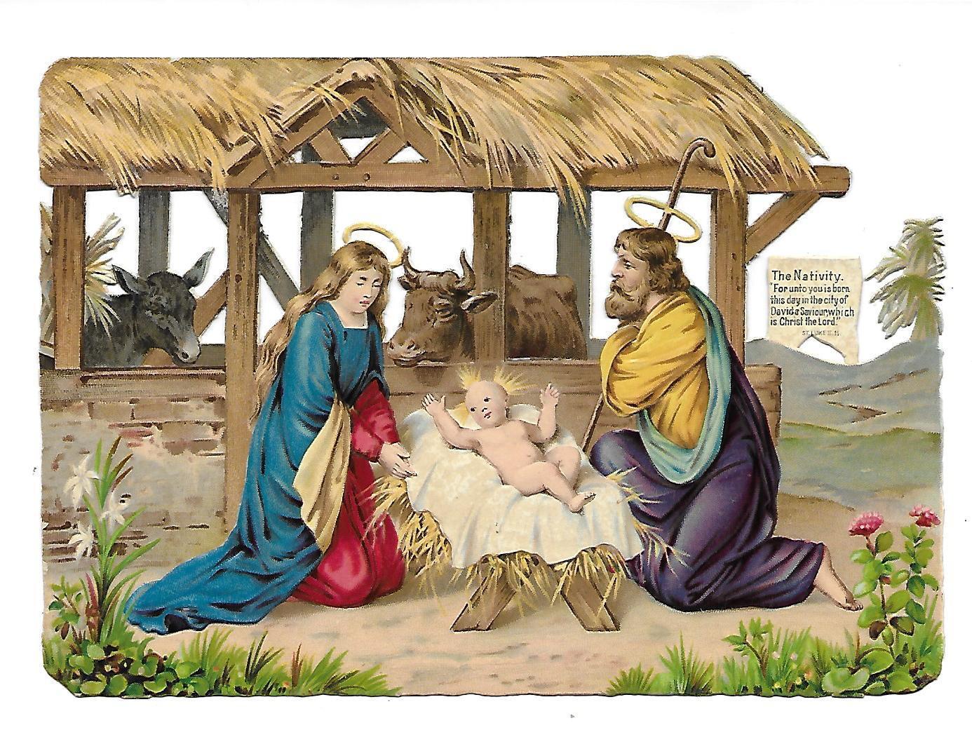 Victorian Antique Diecut Nativity Scene, Mary, Joseph and Jesus. Ca ...